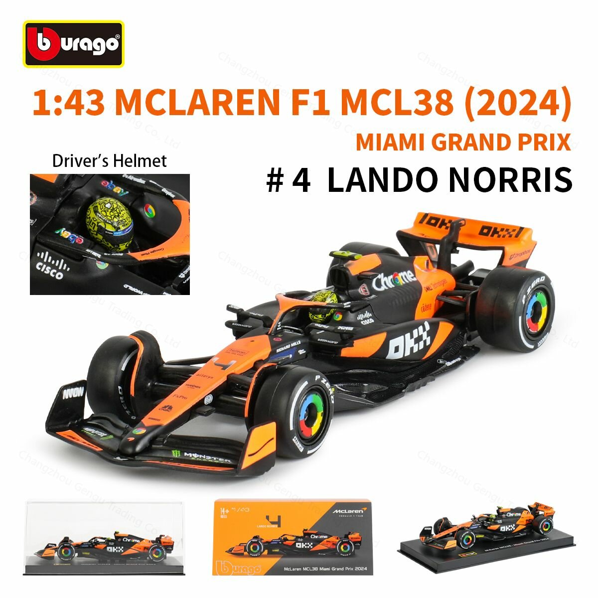 Акриловая прозрачная коробка Bburago 1:43 2024 Mclaren Майами MCL38 Формульный болид Формулы-1, Литые под давлением автомобили, коллекционная модель гоночных игрушек