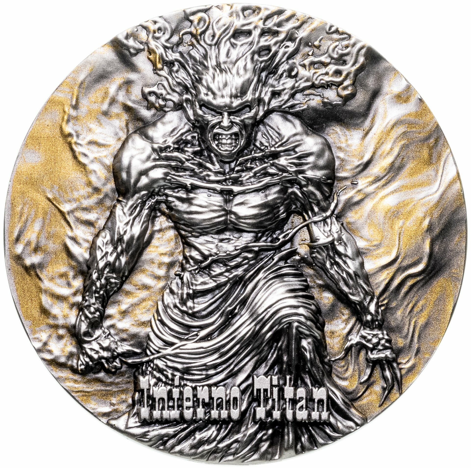 Камерун 2000 франков 2024 "Титан из преисподней антик финиш" в футляре, с сертификатом, Серебро 999, в сохранности UNC