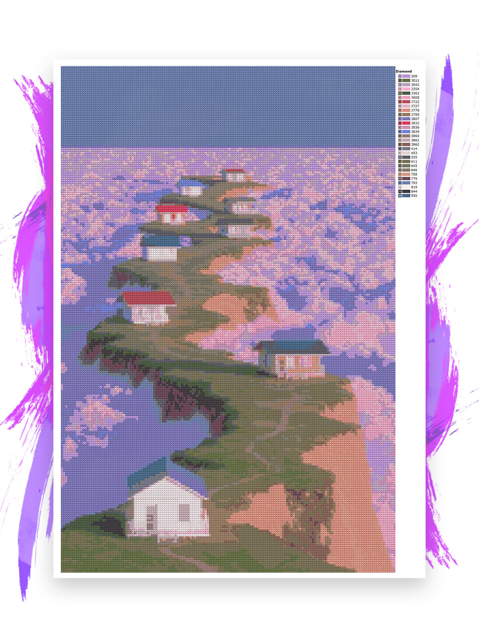 Алмазная мозаика без подрамника - вышивка Домики в облаках 40 х 60 см