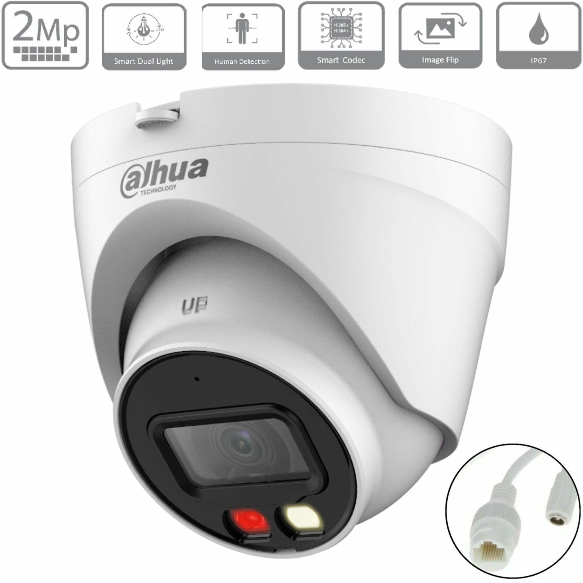 Комплект 2ШТ Dahua DH-IPC-HDW1239VP-A-IL-0280B 2Мп 2,8 мм камера видеонаблюдения IP внутренняя и уличная, цифровая купольная IP-видеокамера для улицы и помещений с ИК/LED-подсветкой, 1080P