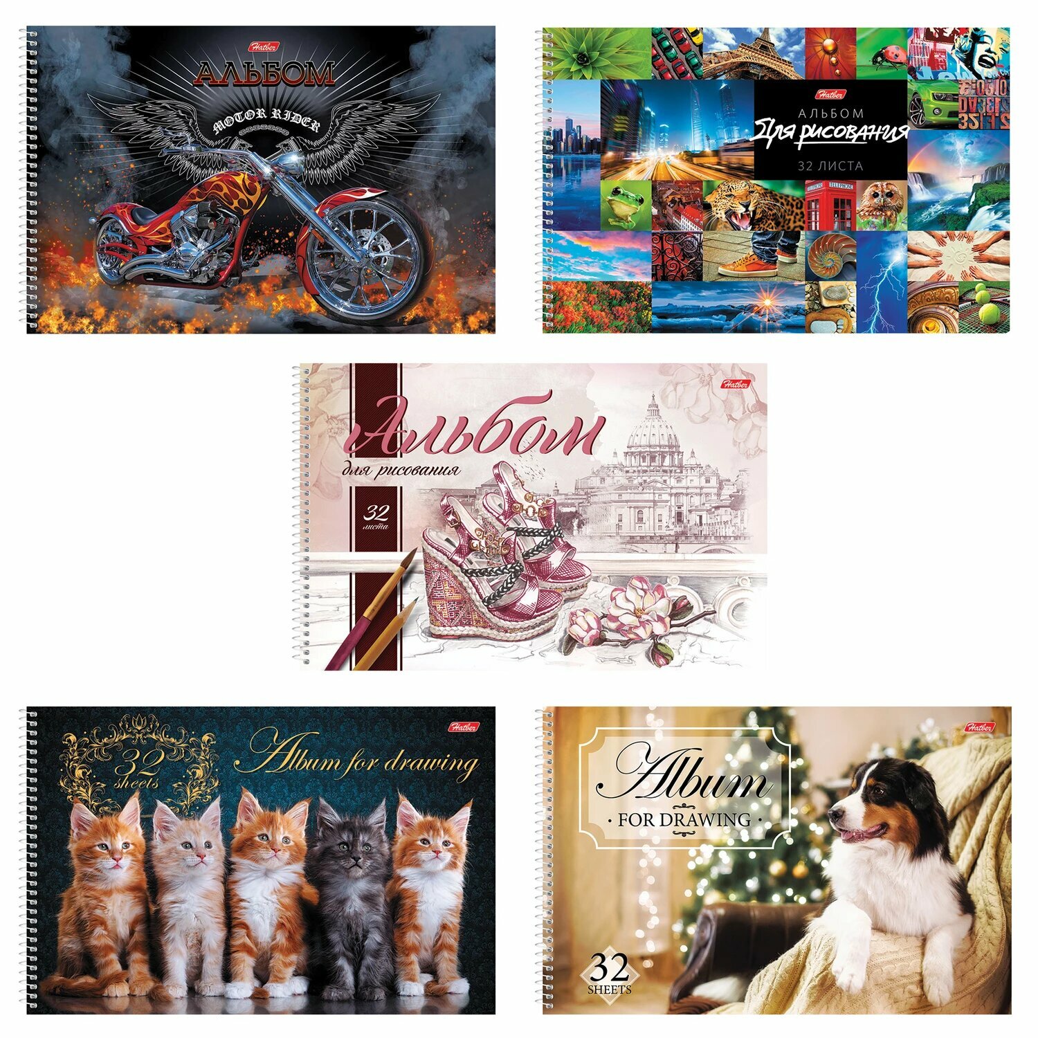 Альбом для рисования, А4, 32 листа, спираль, обложка картон, HATBER, 205300 мм, "Ассорти" (5 видов), 051940, 5шт.