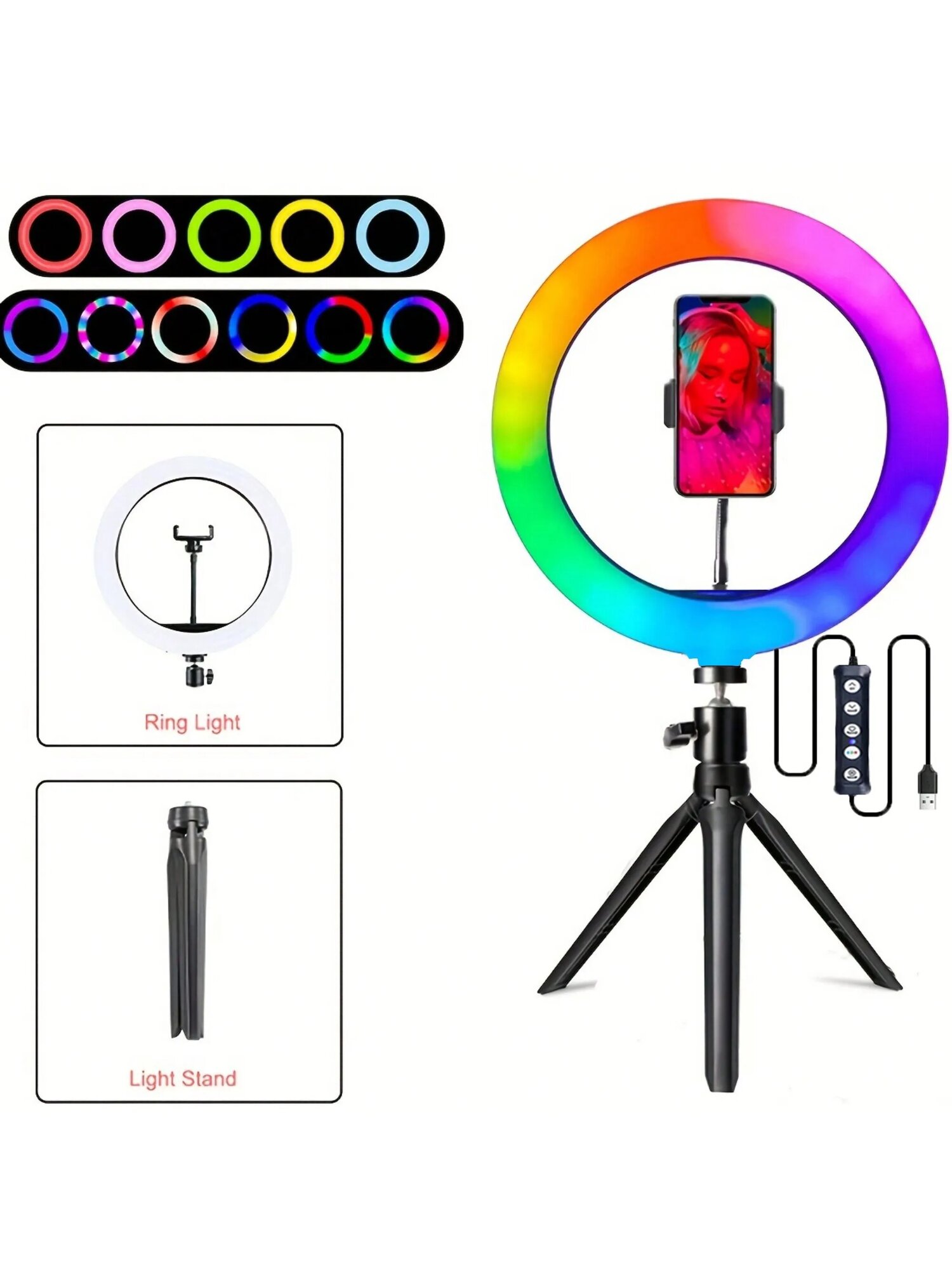 Кольцевая RGB-лампа С Регулируемой Яркостью, 1 Шт, С Подставкой И Держателем Для Телефона, Идеально Подходит Для Макияжа