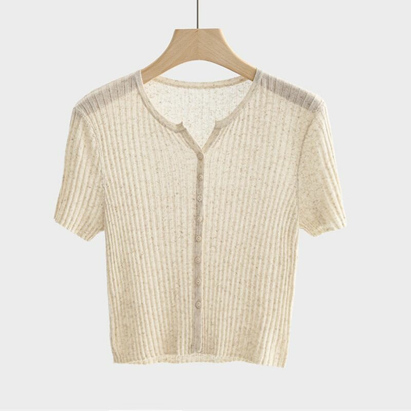 Кардиган из тенселя и льна с коротким рукавом, вязаная футболка для женщин, летний новый корейский стиль, облегающий короткий тонкий дышащий топ