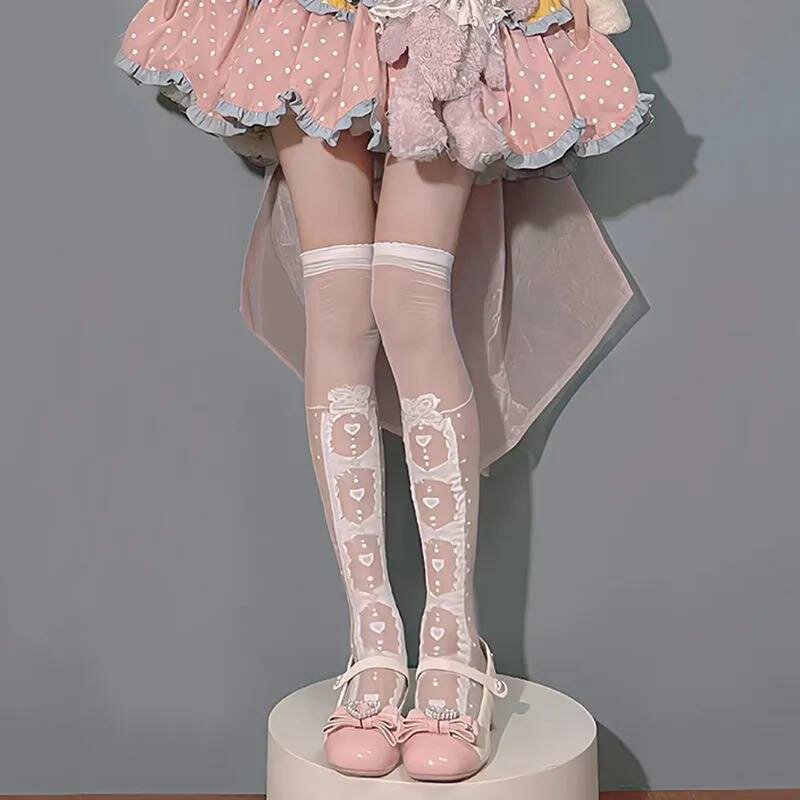 Лолита белые кружевные сладкие тонкие длинные чулки японского стиля JK для девочек балетные чулки с бантом универсальные чулки выше колена