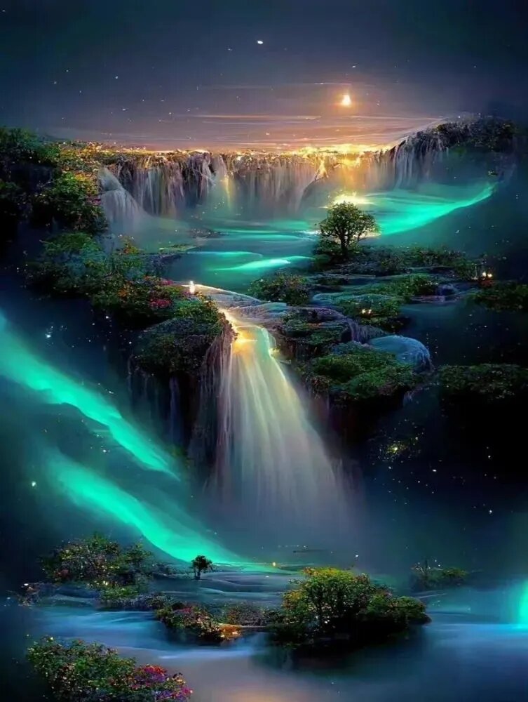 Алмазная Мозаика "Фантастический Водопад В Ночи" 40x50 См Алмазная Вышивка / Картина Стразами Подарков / Украшения
