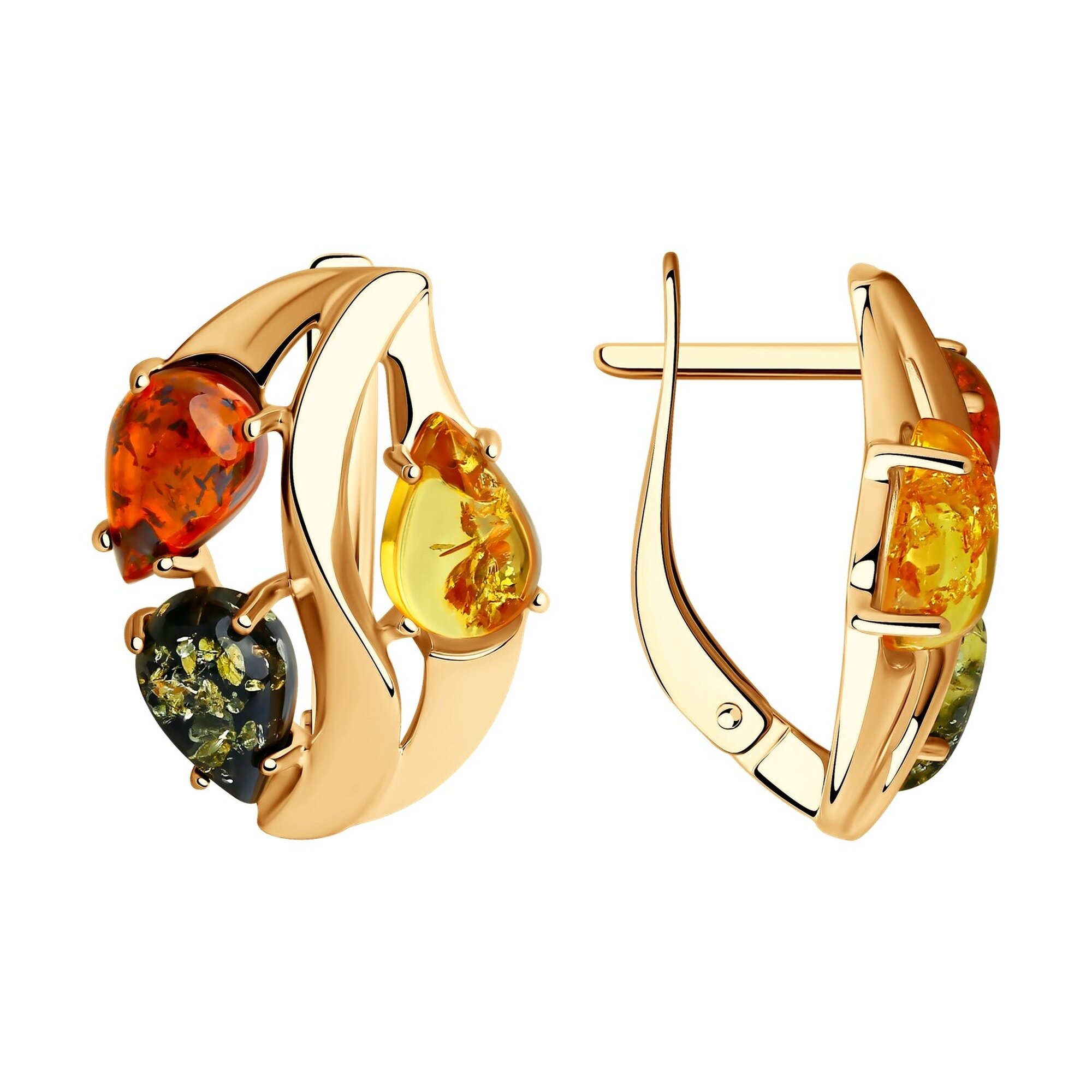 Серьги, серебро, 925 проба, золочение, янтарь