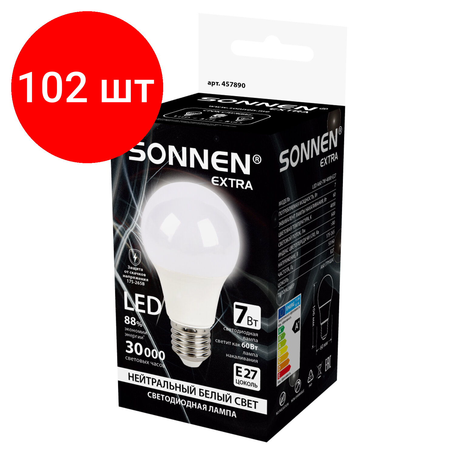 Комплект 102 шт, Лампа светодиодная SONNEN EXTRA, 7 (60) Вт, Е27, груша, нейтральный белый, 30000 ч, LED A60-7W-4000-Е27, 457890