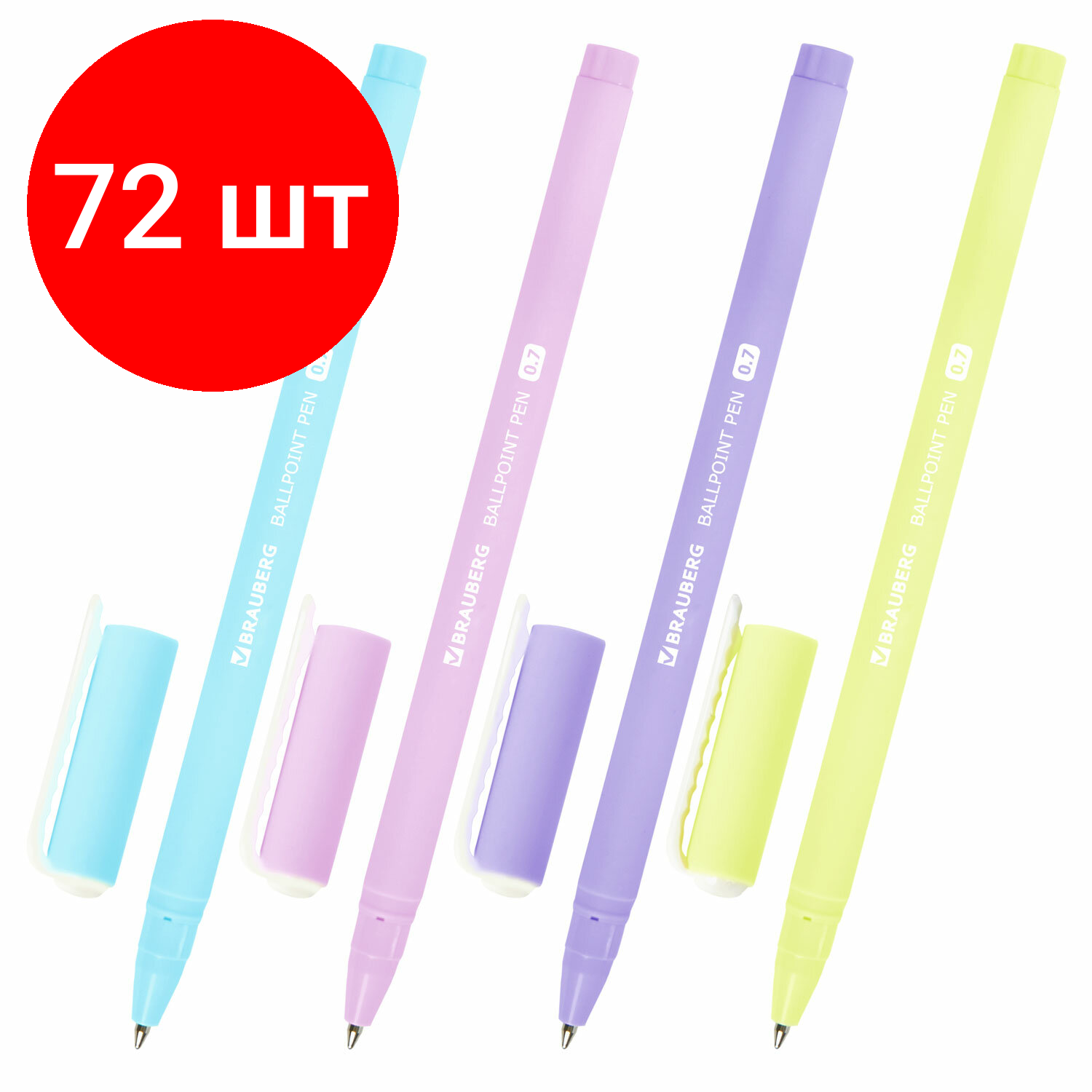 Комплект 72 шт, Ручка шариковая BRAUBERG SOFT TOUCH STICK "PASTEL" синяя, мягкое покрытие, корпус ассорти, узел 0.7 мм, 143698
