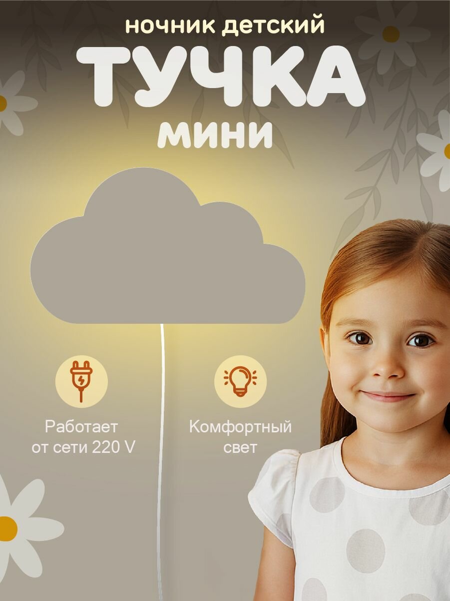 Ночник детский светильник для сна настенный облако - Тучка mini деревянный светодиодный 30х17 см, от сети 3000К