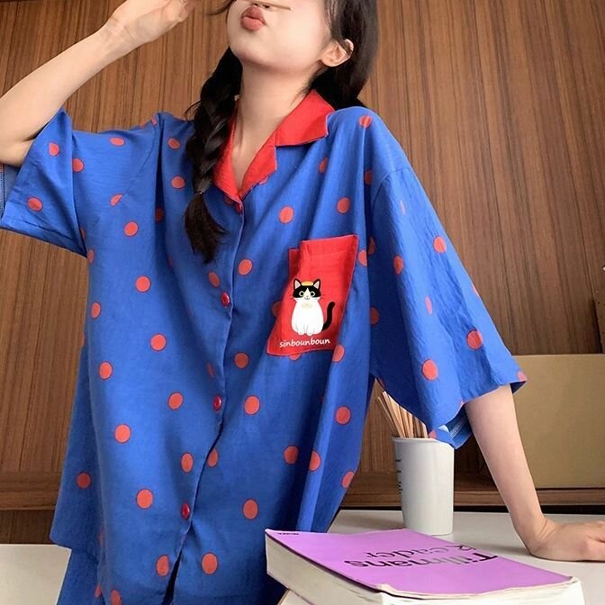 Корейский стиль летние новые пижамы с цветными блоками и горошком для женщин, милый комплект с котом, домашняя одежда, которую можно носить на улице