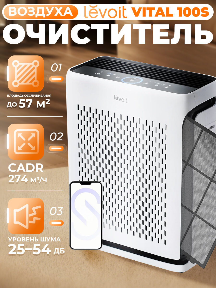 Очиститель воздуха Levoit Vital 100S с HEPA-фильтром, CADR 274 м³/ч, до 57 м², эффективен против шерсти и запахов