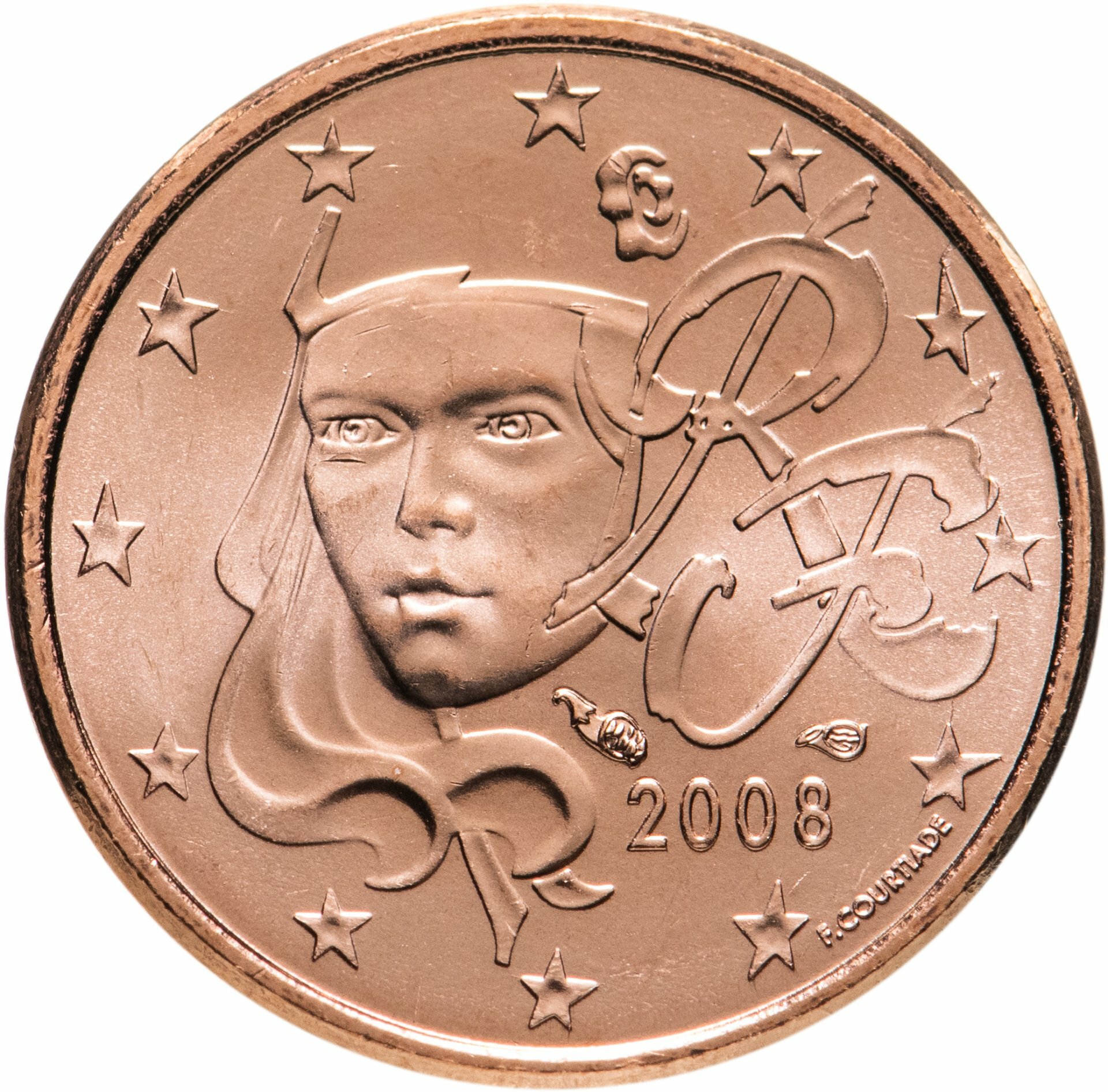 Франция 1 евроцент euro cent 2008, Сталь, плакированная медью, в сохранности UNC