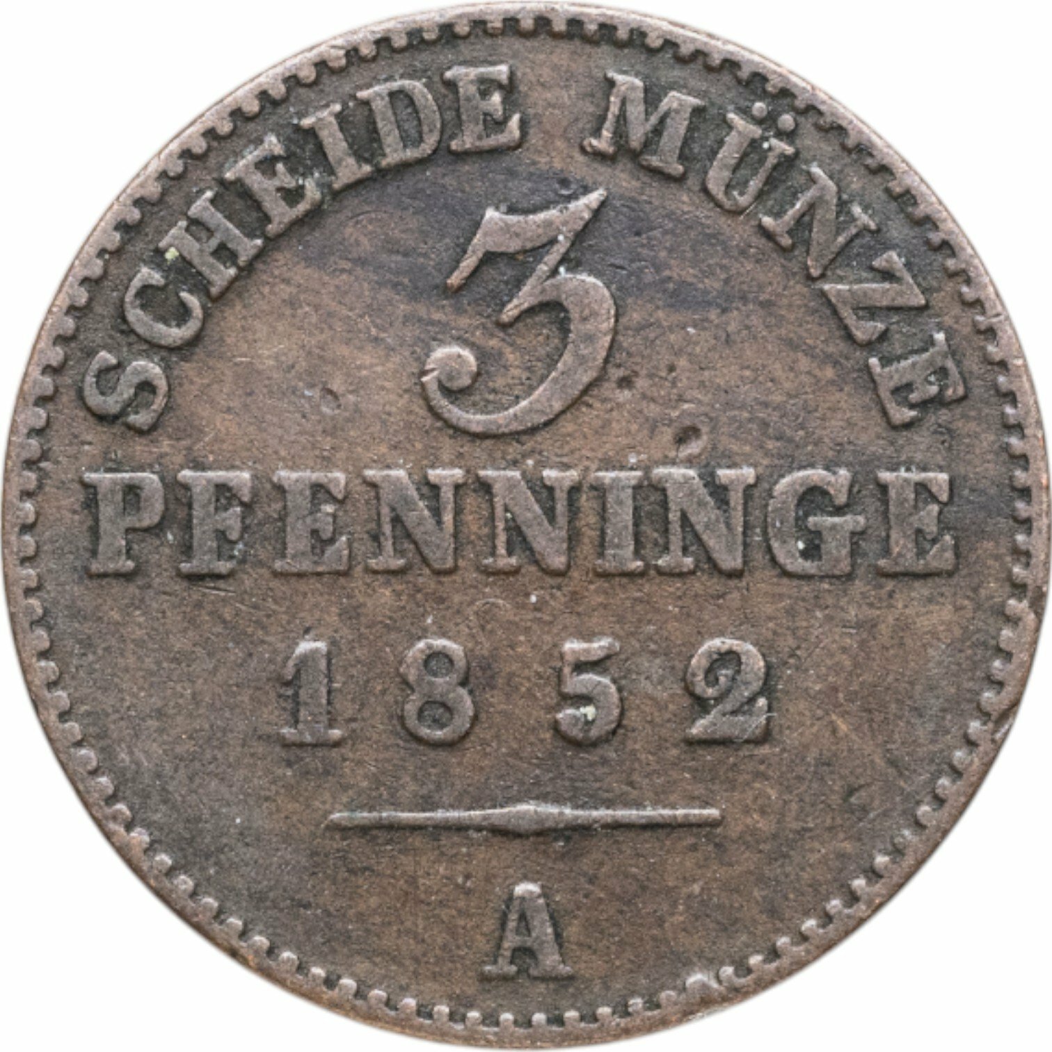 Германия 3 пфеннинга 1852 A, Медь, в сохранности VF