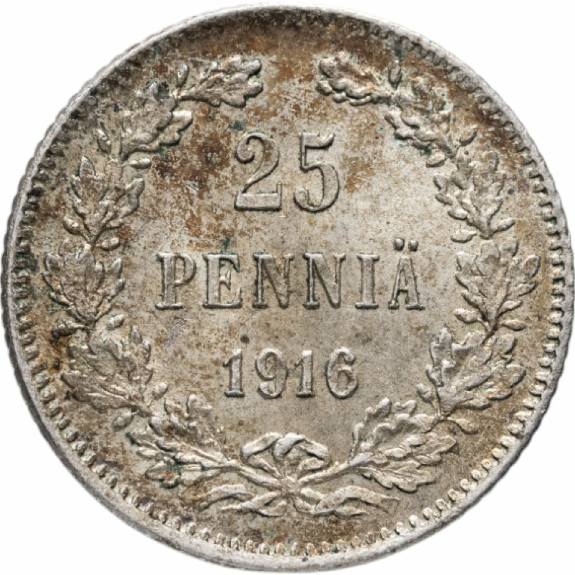25 пенни pennia 1916 S Российская Финляндия, Серебро 750, в сохранности AU