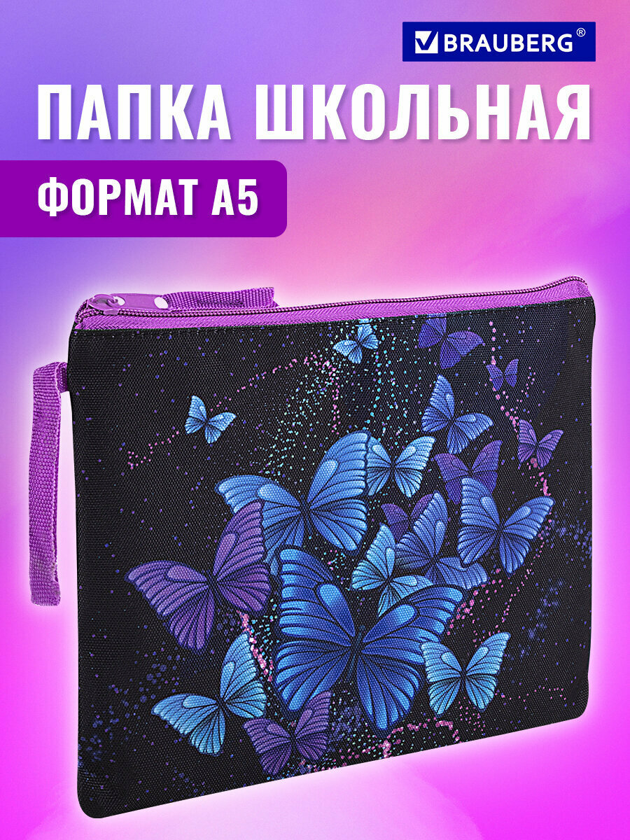 Папка для тетрадей Brauberg А5, 1 отделение, полиэстер, на молнии, с ручкой, Fly Aways, 271499