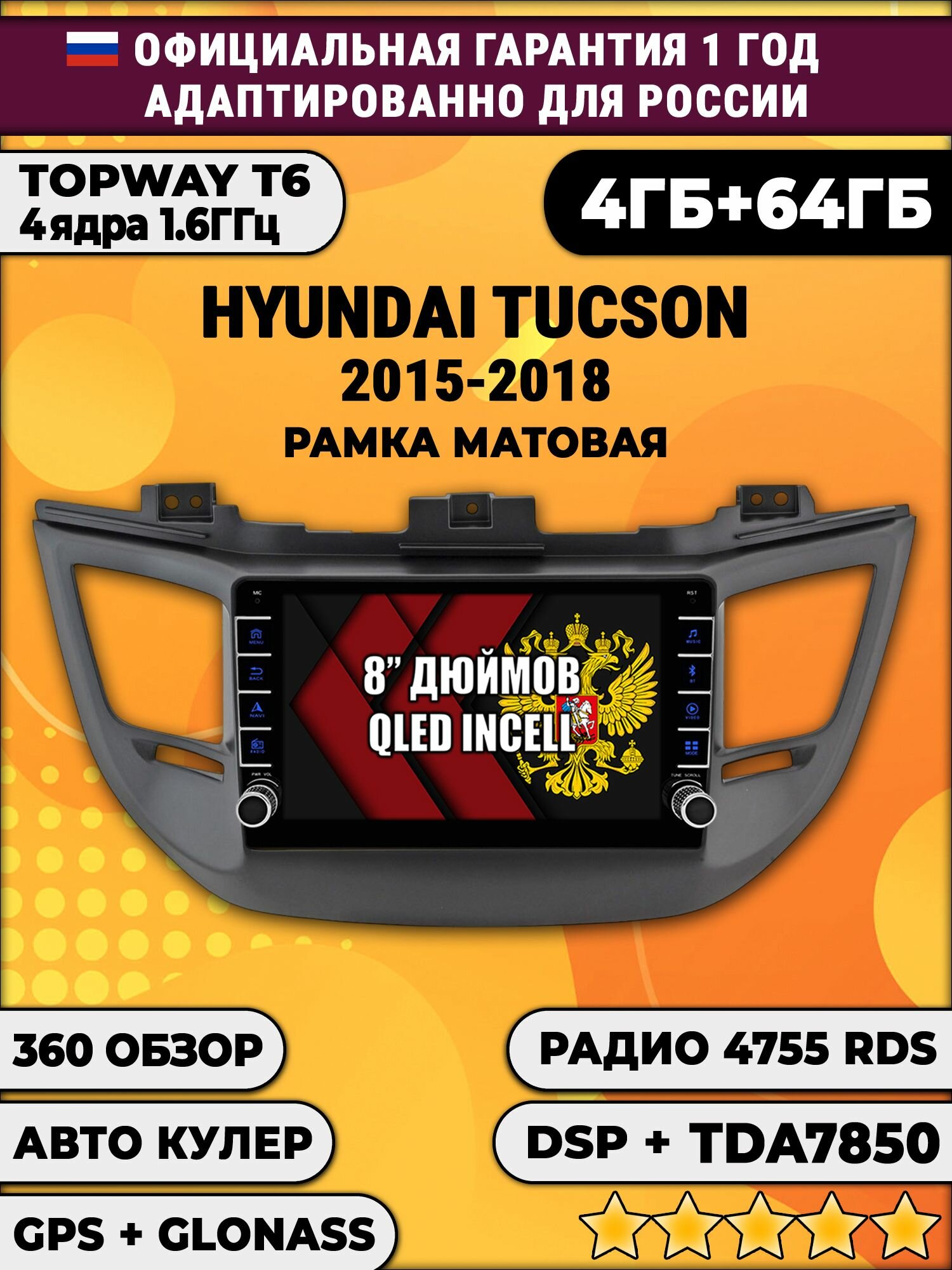 4гб+64гб с DSP и 360 для HYUNDAI TUCSON (2015-2018), рамка черная матовая, Android магнитола с DSP и усилителем TDA7850