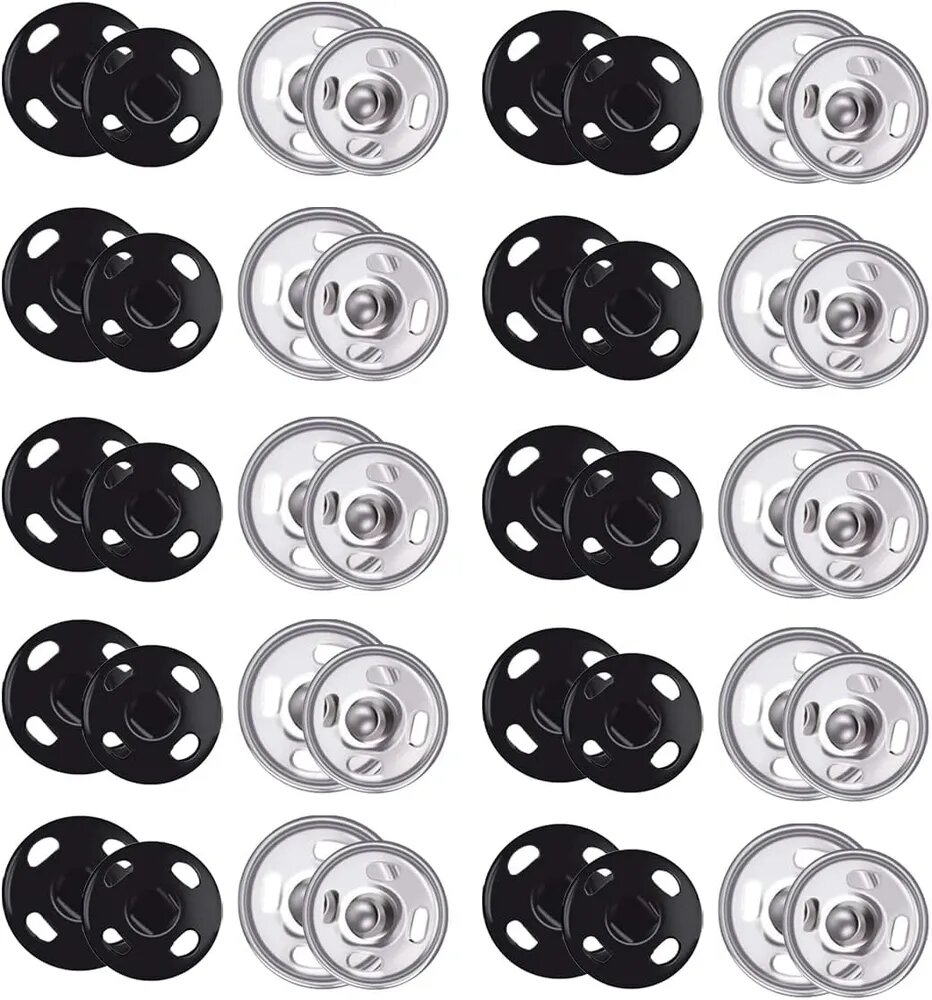 20 наборов швейных пуговиц, металлических застежек, пришивных кнопок, кнопок для шитья сумочек, одежды, товаров для рукоделия 8,5 мм 12 мм (черный+серебристый)