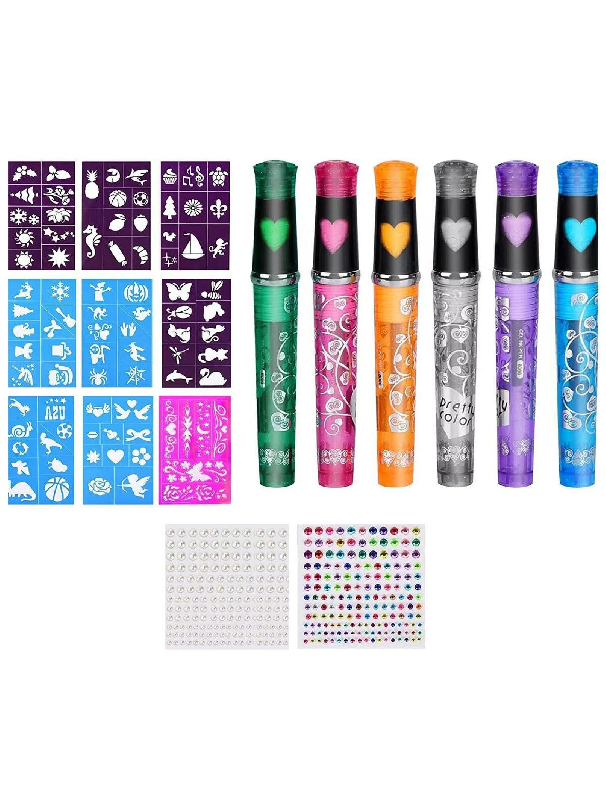6-цветной блестящий маркер для тела с наклейкой на 2 листа, 9 трафаретов для детей и взрослых