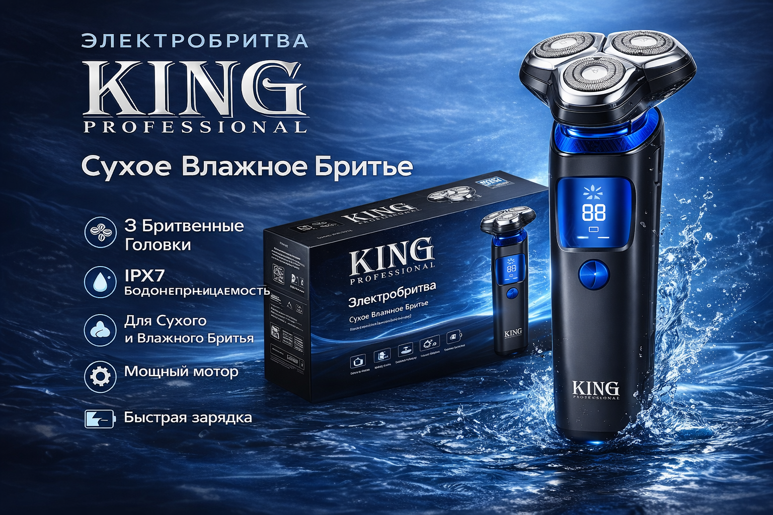 Электробритва KING Professional KP-1009 роторная, 3 головки, IPX7, влажное/сухое бритьё