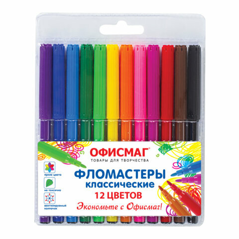 Фломастеры офисмаг 12 цветов, классические, вентилируемый колпачок, ПВХ упаковка