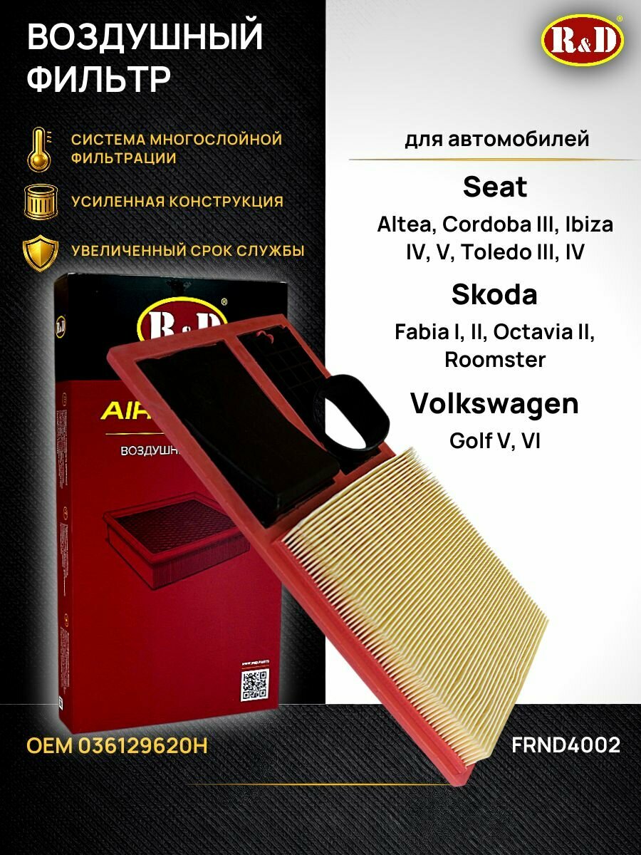 Фильтр воздушный Skoda Fabia 1, 2, Octavia 2, Roomster, VW Golf 5, 6, Seat Altea, Cordoba 3, Ibiza 4, 5, Toledo 3, 4/Сеат, Шкода Фабиа, Октавия, Румстер, Фольксваген Гольф