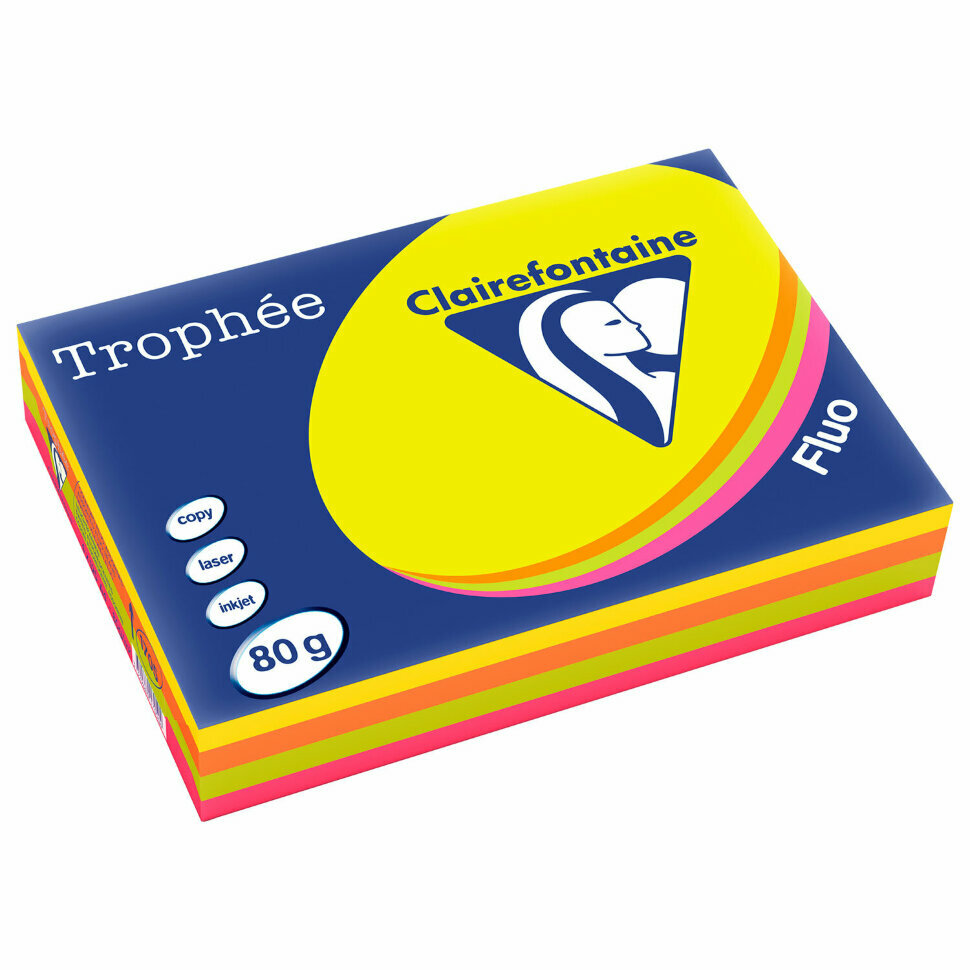 Бумага цветная CLAIREFONTAINE, А4, 80 г/м2, 500 л. (4 цвета x 125 л.), микс неон, Франция, 1705SC, 116729