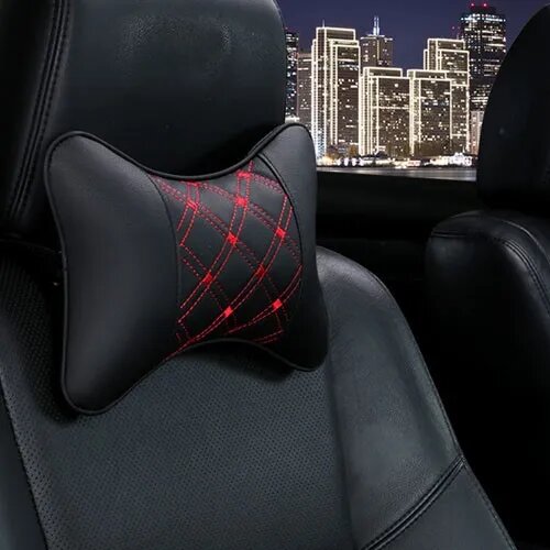 Автоподушка для шеи черн./крас. из экокожи, универсальная
