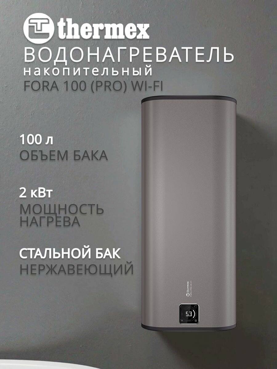 Накопительный электрический водонагреватель Thermex Fora 100 (pro) Wi-Fi Gray