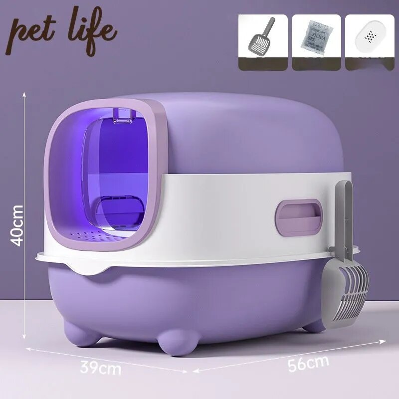 Закрытый туалет-лоток для животных "Pet life", для кошек, сиреневый, 56х39х40 см, с лопаткой и освежителем