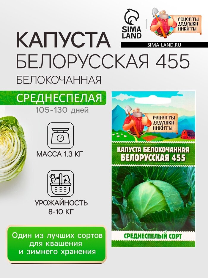 Семена Капуста белокочанная Белорусская 455, 0.3 г, среднеспелая, Рецепты дедушки Никиты, 2 шт.