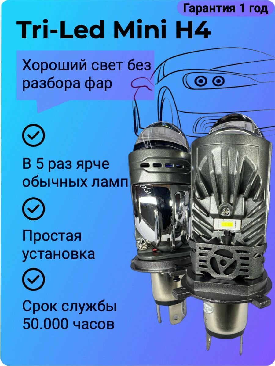 Мини линзы би лед H4 Renault Logan 6500k белые лампочки автомобильные светодиодные 12-24v (Лампы Mini Bi Led Н4) 2 шт