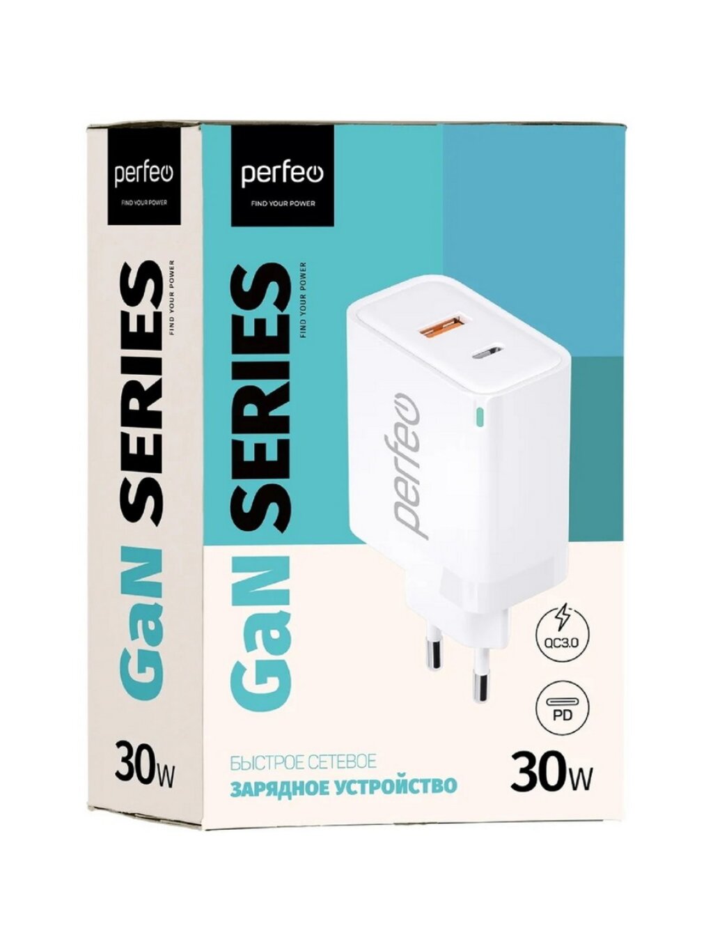 Сетевое зарядное устройство "Perfeo" USB-A+Type-C, GaN (30W, белый)