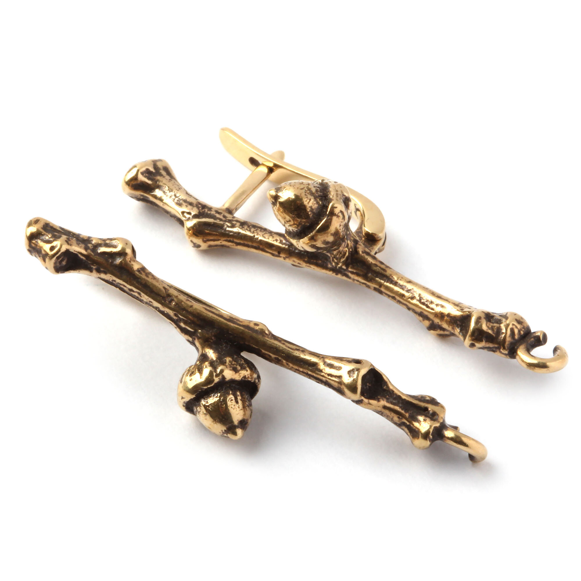 Швензы закрытые, 37.5х10мм, с английским замком, Anna Bronze, Веточка с жёлудем, базовый материал - латунь, цвет античная латунь (золотистый с чернением), пара