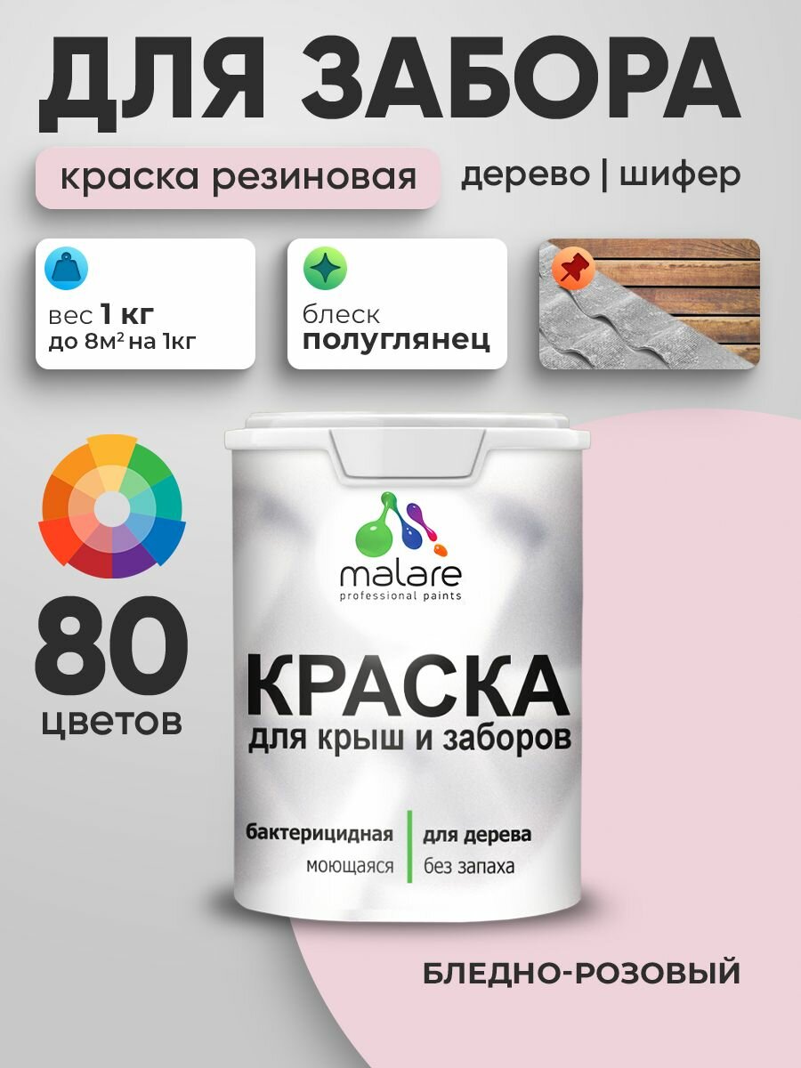 Резиновая краска Malare для деревянного забора/ по дереву для наружных и внутренних работ/ быстросохнущая моющаяся без запаха полуглянцевая, бледно-розовый, 1 кг.