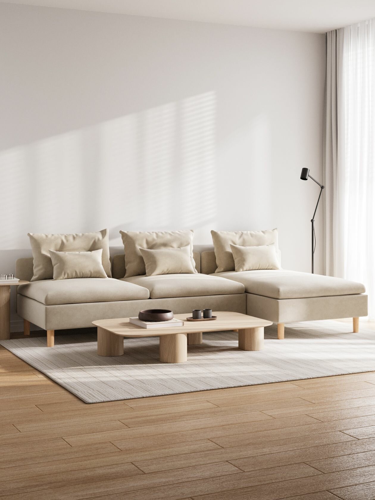 Диван угловой Армана с оттоманкой, нераскладной, плоские пружины змейка, на ножках, 283х151.5х74 см, Кремовый, велюр