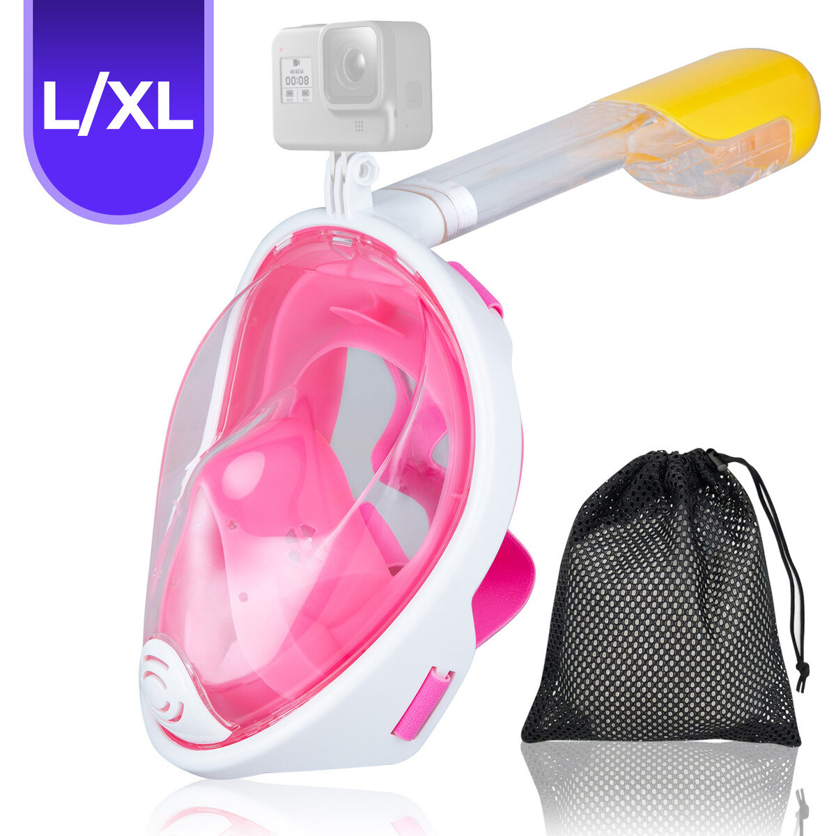 Подводная маска для плавания, полнолицевая маска для снорклинга с креплением для экшн-камеры, размер L/XL, цвет: розовый