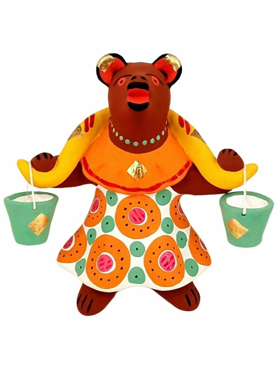 Медведь №3 с коромыслом, Дымковская глиняная игрушка, ручная авторская работа