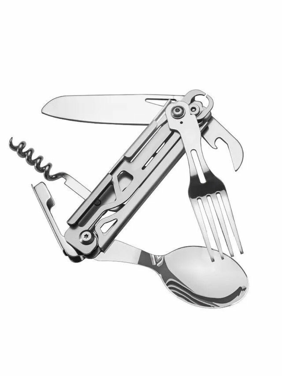 Туристический набор столовых приборов из стали, складная ложка нож вилка штопор открывашка, 6в1, набор столовых приборов