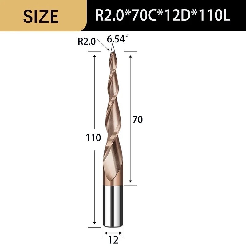 Vsharp Коническая сферическая фреза 6 мм 2-х канальная для 3D резки по дереву R2.0x70Cx12Dx110L