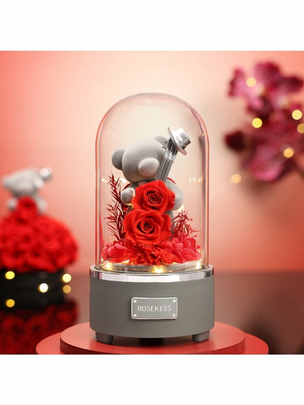 Подарочная коробка "Медвежья Роза", с бессмертной кустовой розой, тёмно-бордовая, 21х11х11 см