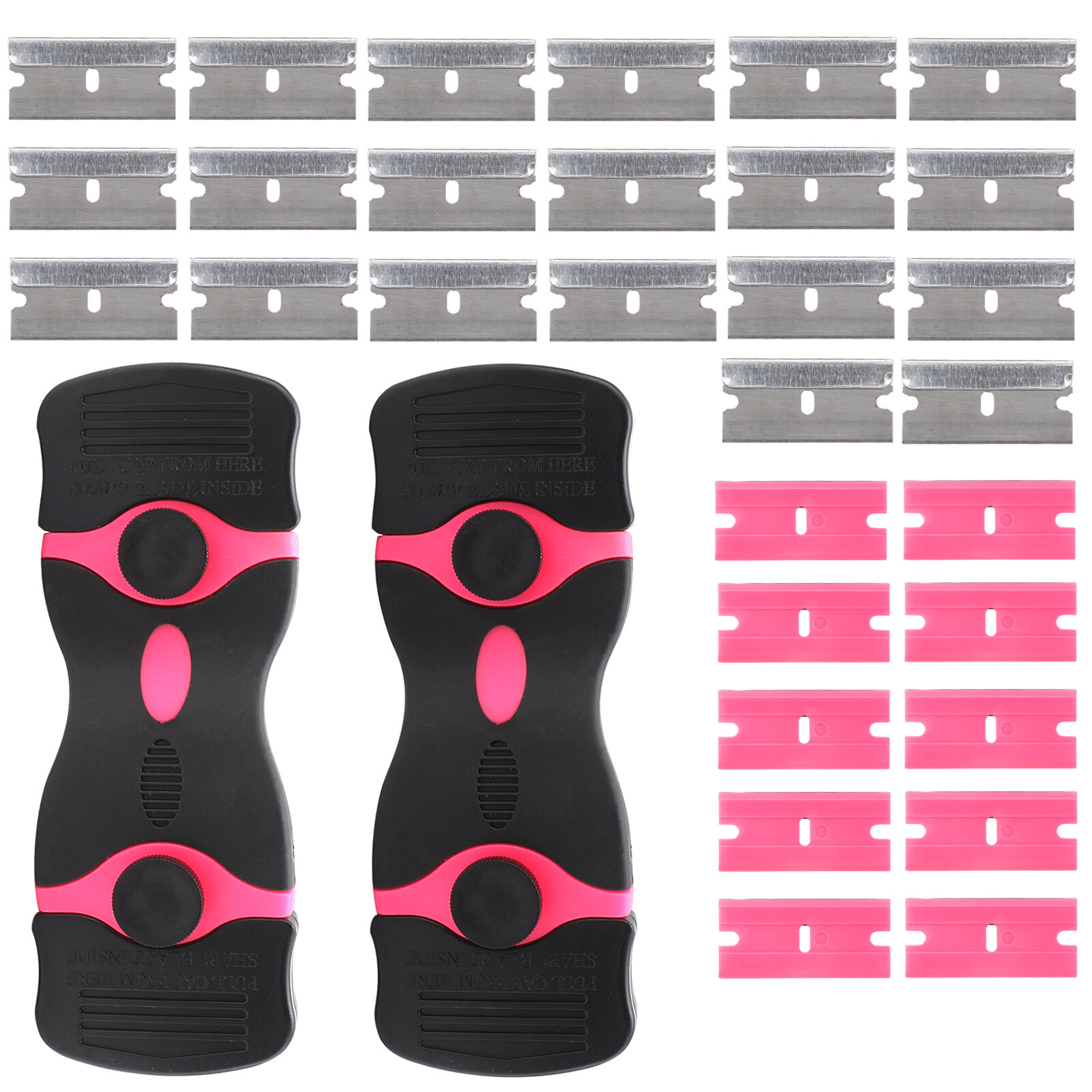 Razor Blade Scraper, 2 Pack Double Edged Scraper Remover Tool with 30 Pcs Blades, Plastic for Removing Labels Stickers Decals in the Car, Glass, Window, Floor (Pink)