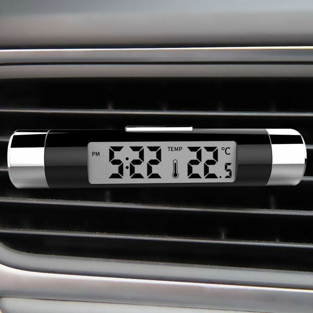 Автомобильные часы-термометр 2-в-1 с синей LED-подсветкой (12/24ч)