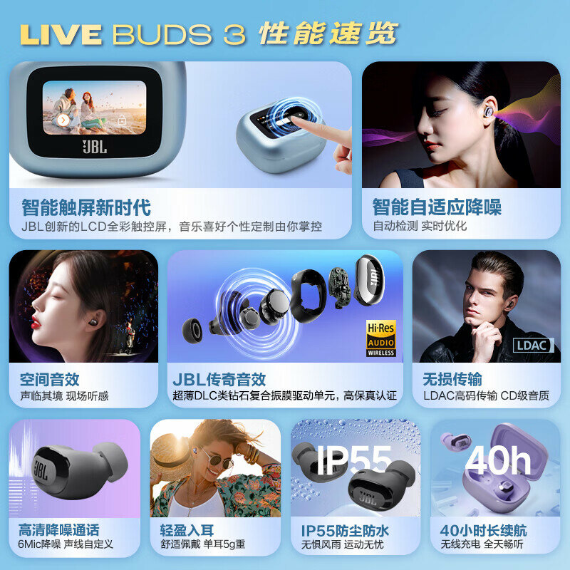 JBLLIVE BUDS 3 Colorful Bean True Wireless Bluetooth Earphones, Smart Touch Screen, Adaptive Noise Reduction, Music And Sports Headset, Compatible with All Phones, Midnight Black