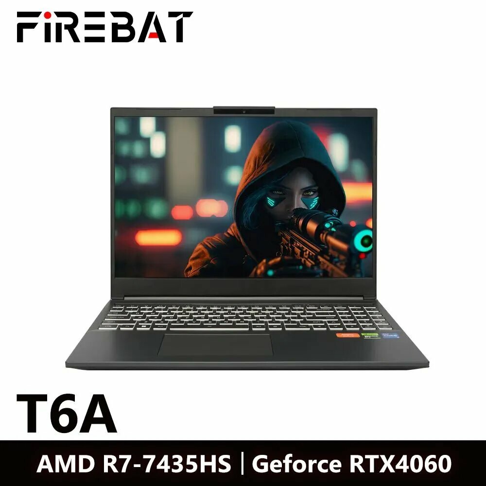 FIREBAT T6AD Игровой ноутбук 16", AMD Ryzen 7 7435HS, RAM 16 ГБ, 1TB SSD, NVIDIA GeForce RTX 4060 для ноутбуков (8 Гб), Windows Home, черный, Английская раскладка