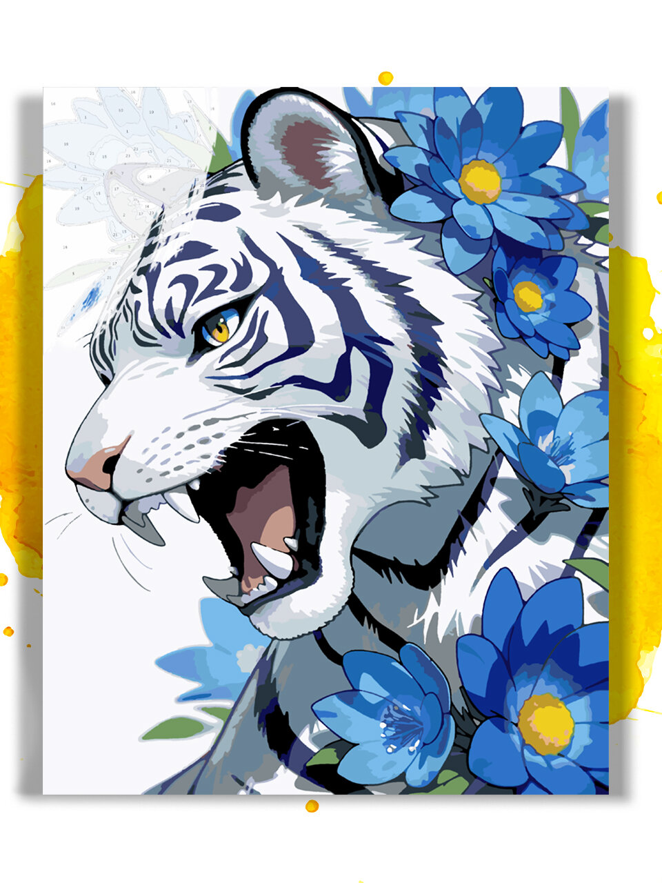 Картина по номерам на холсте Белый тигр в синих цветах, 30 х 40 см