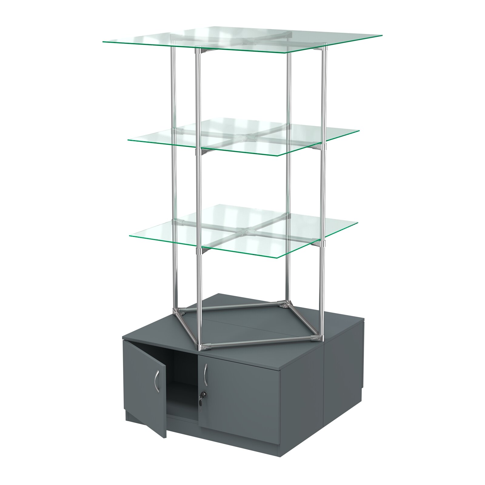 Торговые стенды Экспозиция с полками и тумбами №1 (с двумя стеклянными полками 6мм), Темно-Серый