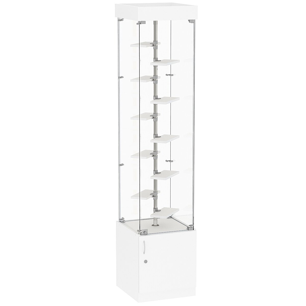 Стеклянная торговая витрина с прозрачными стенками и маленькими полками ДСП серии Протон №2-2, Белый