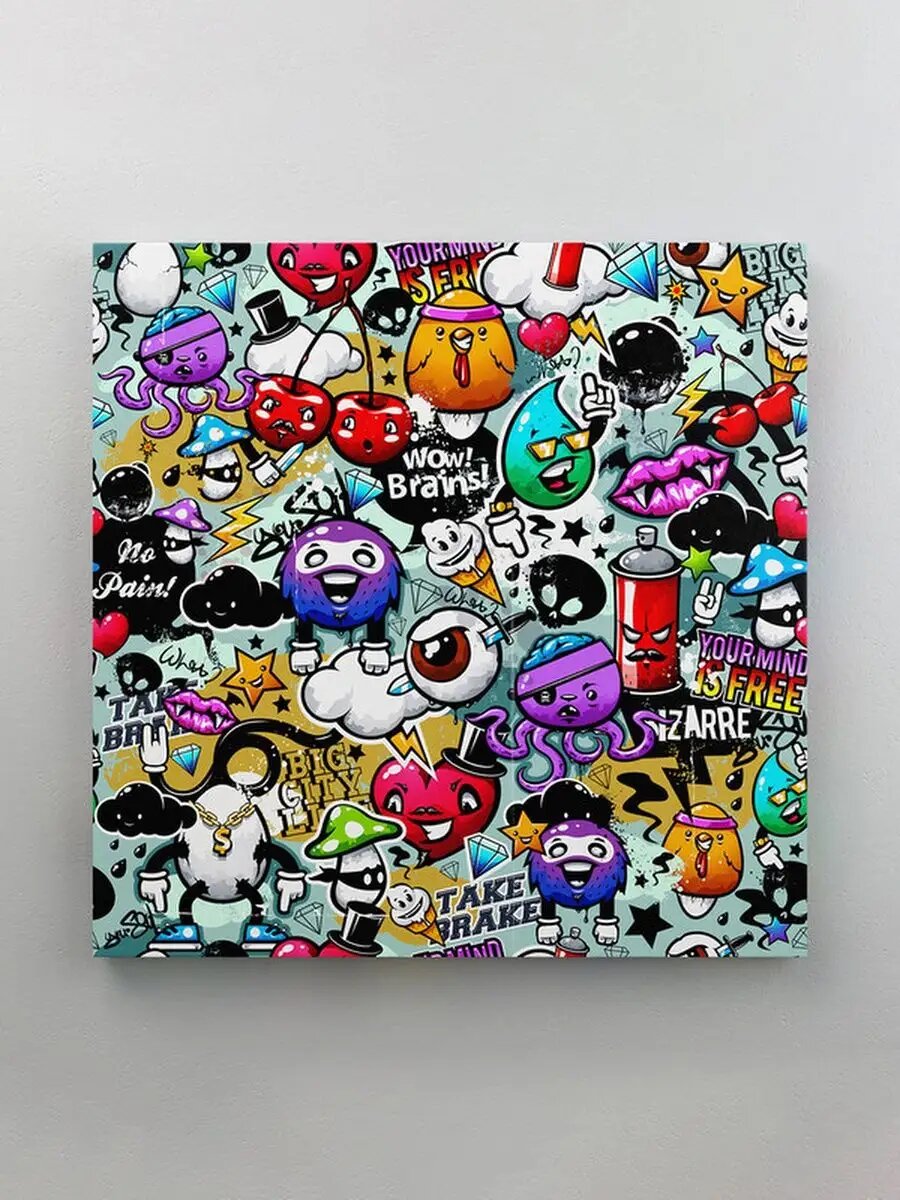 Интерьерная картина на холсте "Граффити - веселые стикеры" размер 35x35 см