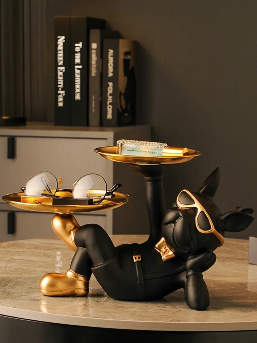 Статуэтка "Бульдог в очках" интерьерная декоративная, черная, конфетница, ключница, подставка для мелочи