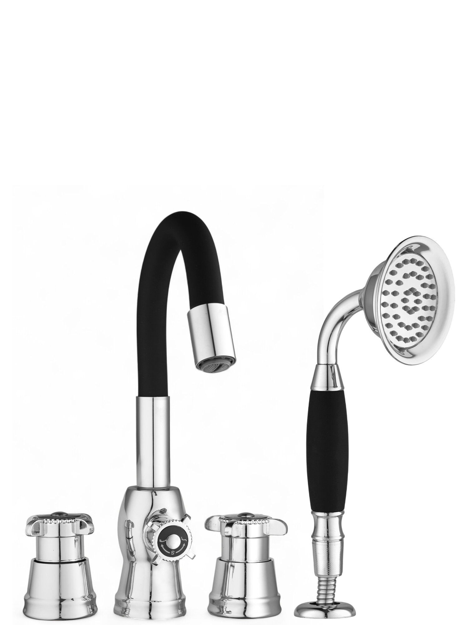 Смеситель набортный врезной для ванны с гибким черным изливом, тройной , с душевым набором, цвет глянцевый хром